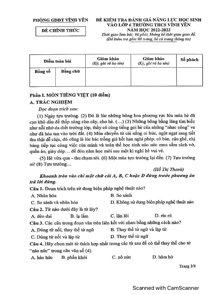 File .De Kiem Tra DGNL Hoc Sinh Vao Lop 6 Truong Thcs Vinh Yen Nam 2022 2023 | PDF