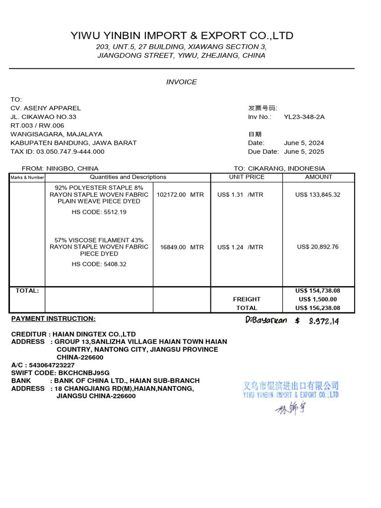 Invoice for Fabric Shipment to Indonesia | PDF