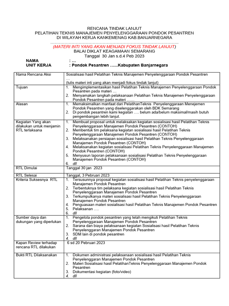 Form RTL Pelatihan Teknis Manajemen PD Pontren | PDF