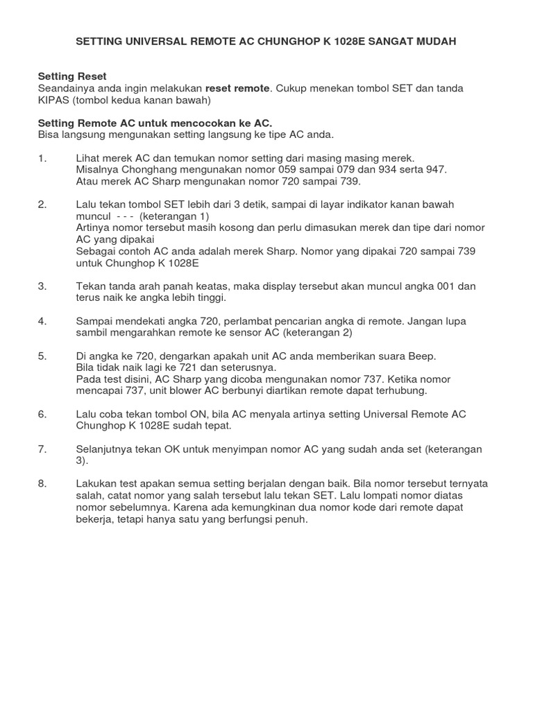 Setting Universal Remote Ac Chunghop K 1028e Sangat Mudah Pdf