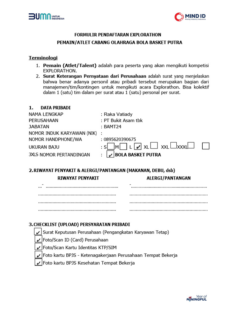 Formulir Pemain Atlet Bola Basket PUTRA | PDF