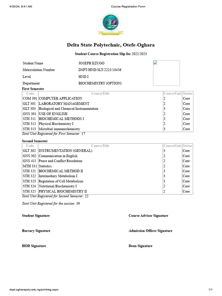 HND 1 BIOCHEM COURSE REGISTRATION | Download Free PDF | Health Sciences ...