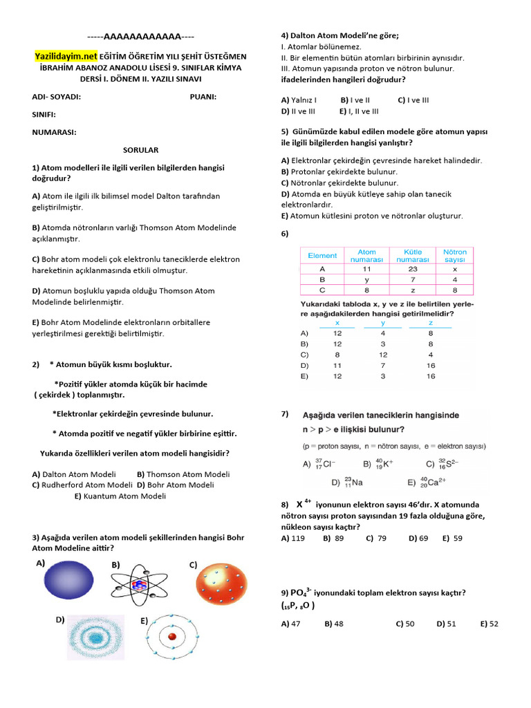 9.sinif Kimya 1. Donem 2. Yazili Sorulari | PDF