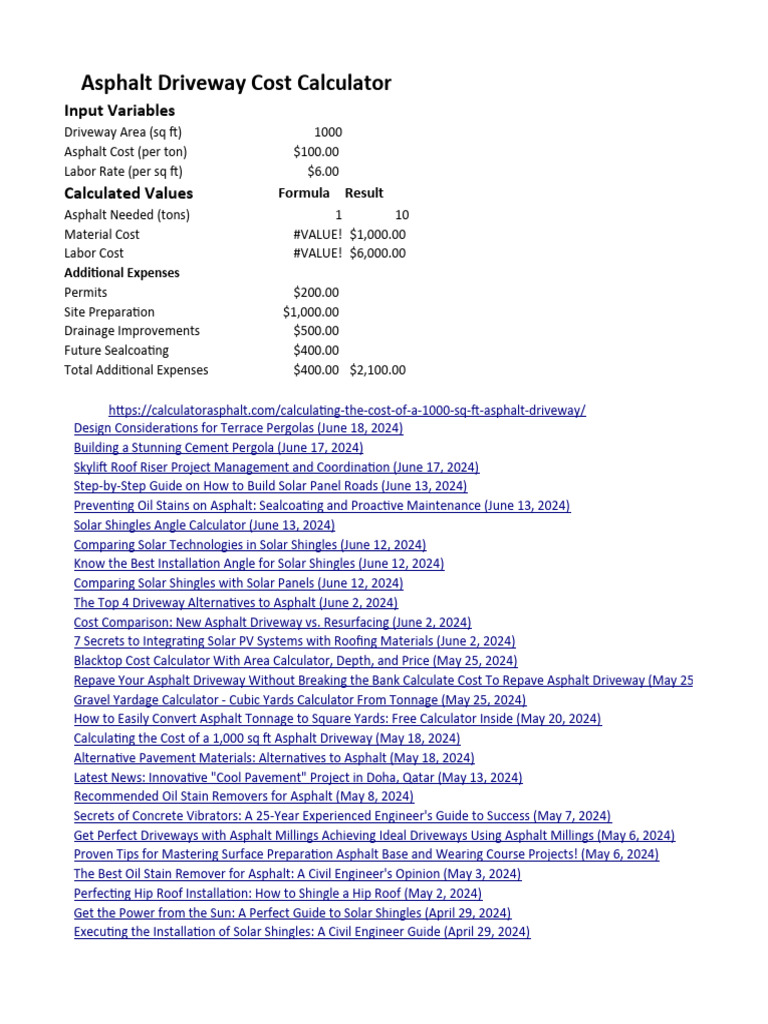Asphalt Driveway Cost Calculator | Download Free PDF | Road Surface | Roof