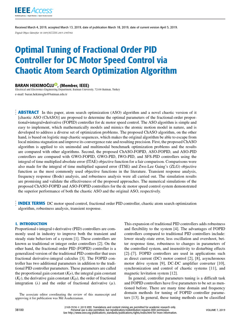 Optimal Tuning Of Fractional Order Pid Controller For Dc Motor Speed Control Via Chaotic Atom