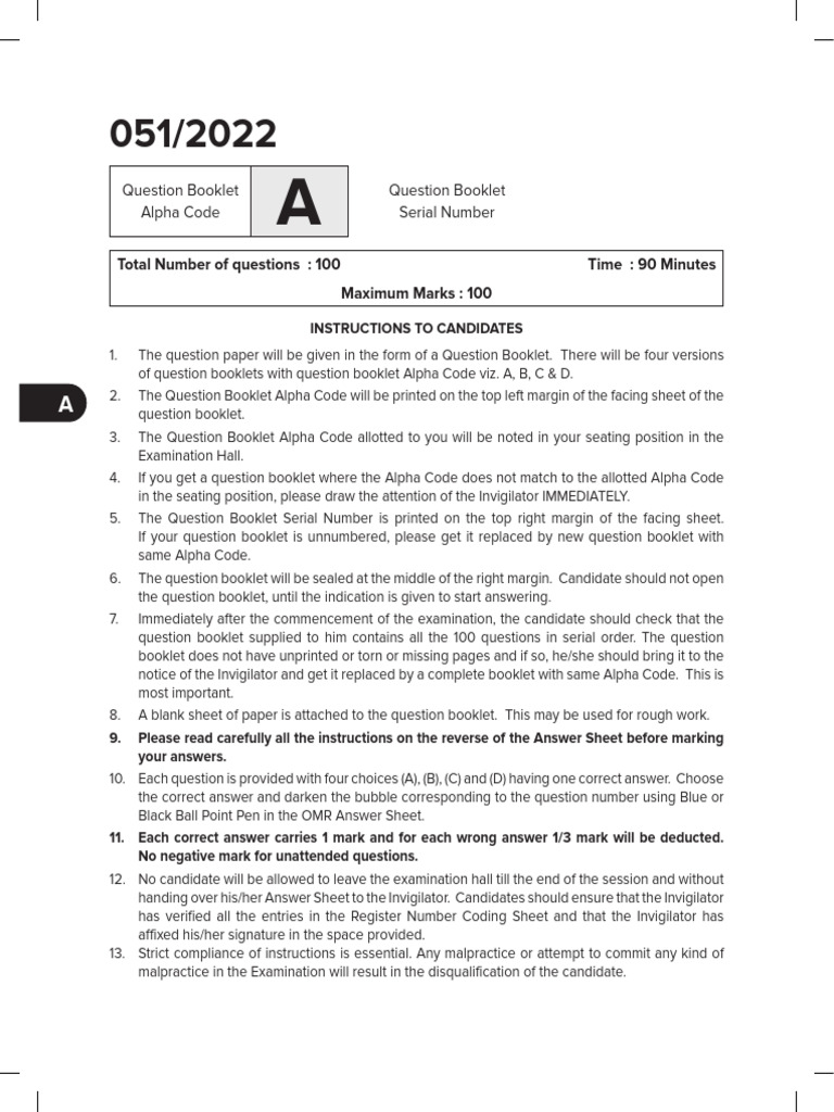 Question Booklet Alpha Code Question Booklet Serial Number | PDF | Cement | Masonry