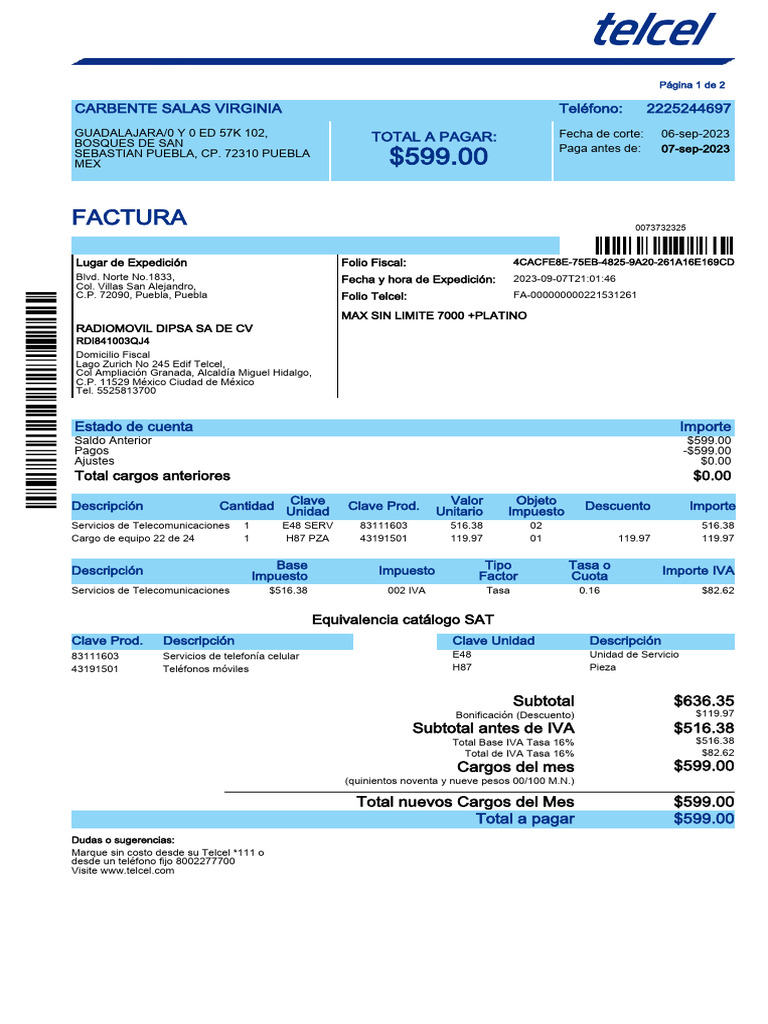 Factura Telcel Radio Móvil | PDF | Pagos | Industrias de servicio