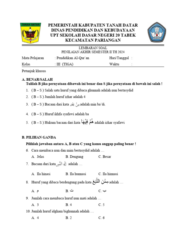 Soal Pas Ii PQ Kelas Iii | PDF