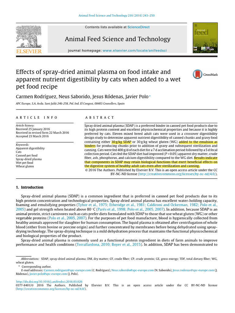 Effects of Spray-Dried Animal Plasma On Food Intake and Apparent Nutrient | PDF | Nutrition ...