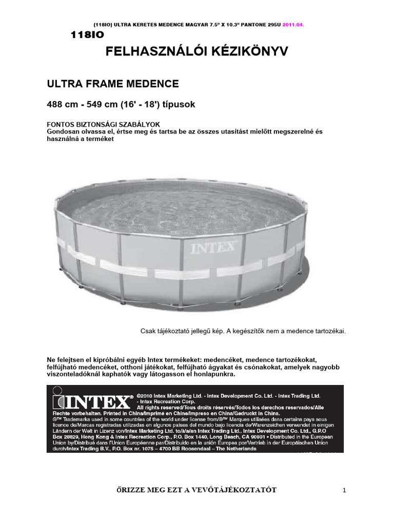 Intex Ultra Frame Csovazas Medence Hasznalati Utmutato | PDF