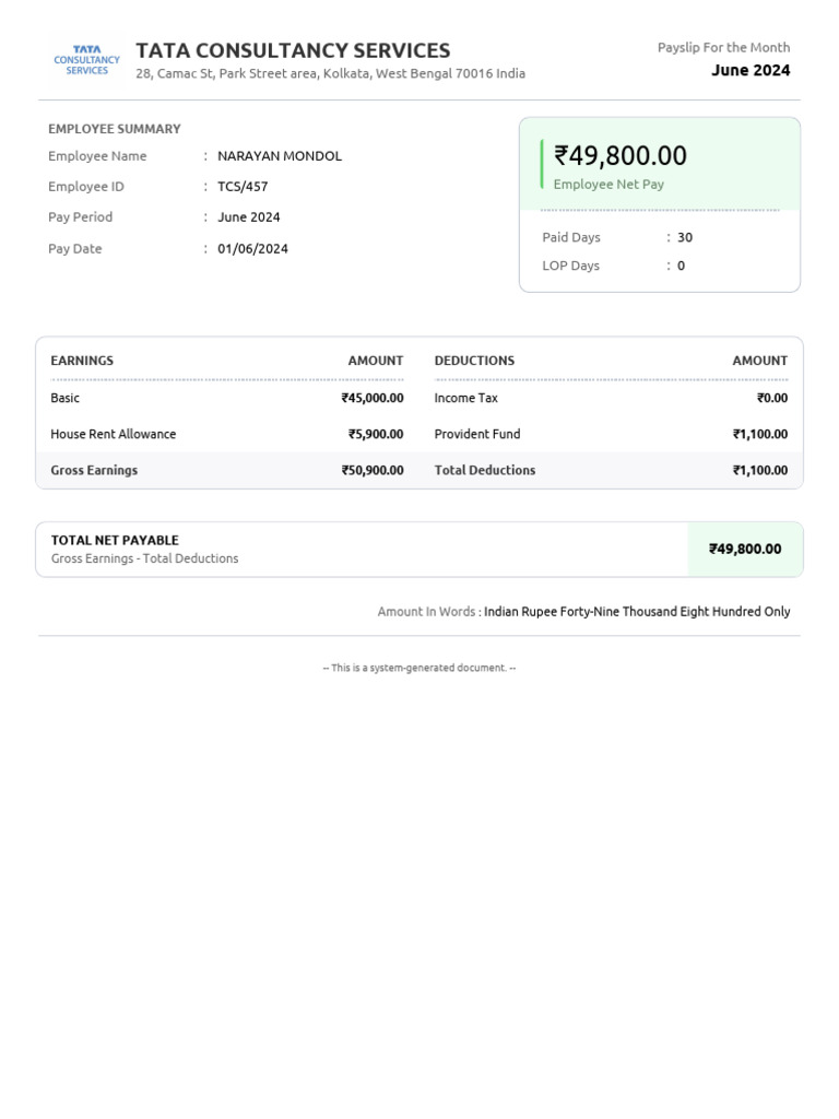 Payslip TCS457 Jun | PDF
