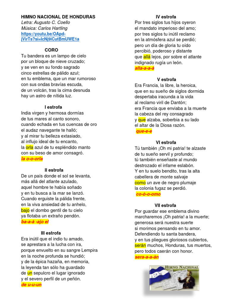 Letra Completa del Himno Nacional de Honduras | PDF
