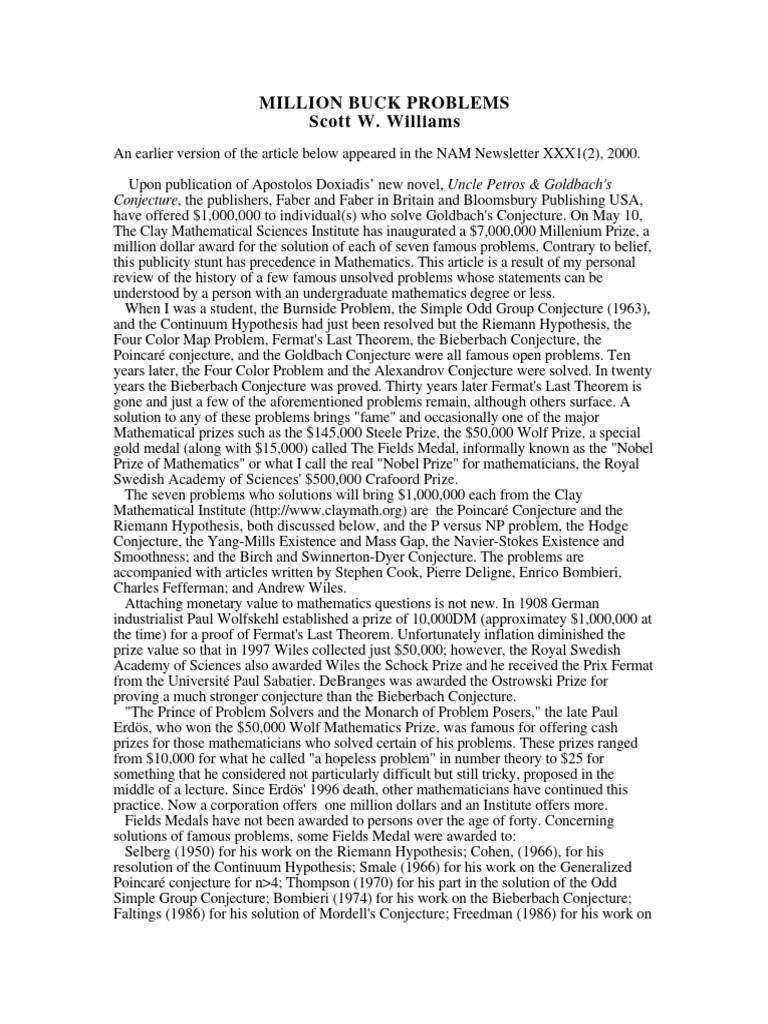 Million Buck Problems Mi | PDF | Conjecture | Prime Number