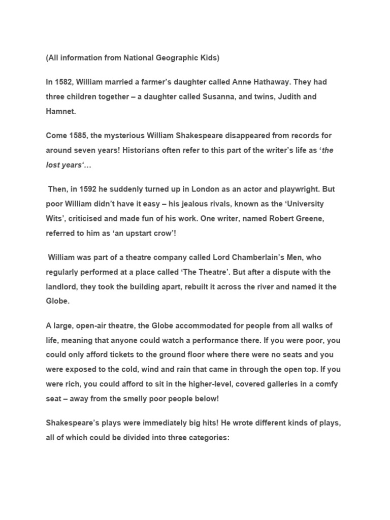 Info On William Shakespeare | PDF | William Shakespeare | Theatre