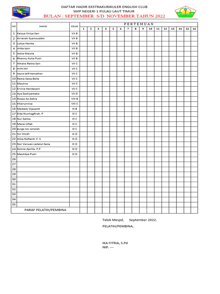 Contoh Daftar Hadir Eskul | PDF