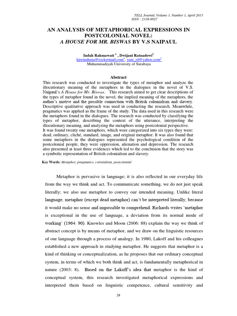 An Analysis of Metaphorical Expressions in Postcolonial Novel | PDF ...