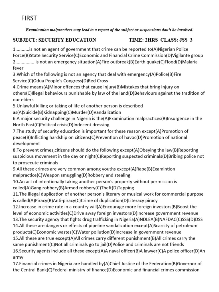 JSS3 Security Education Exam Questions | PDF | Crimes | Crime & Violence