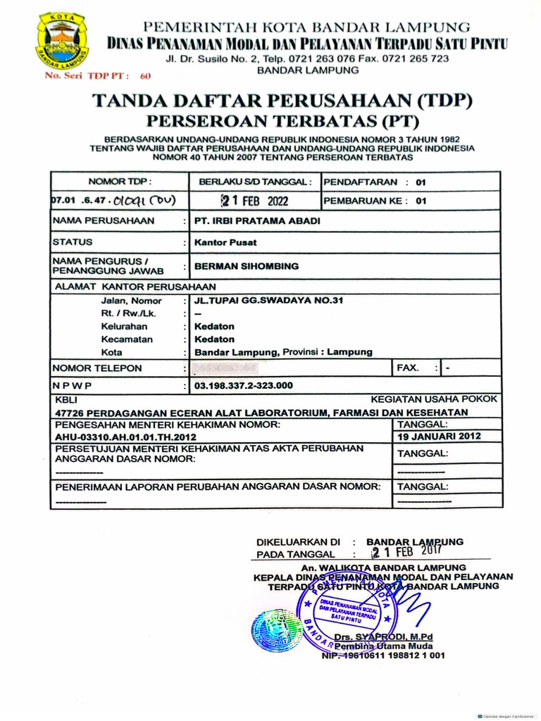 TDP PT Irbi Pratama Putra | PDF