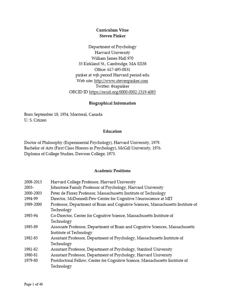 Pinker, Steven - CV and Bibliography | PDF | Psychology | Cognitive Science