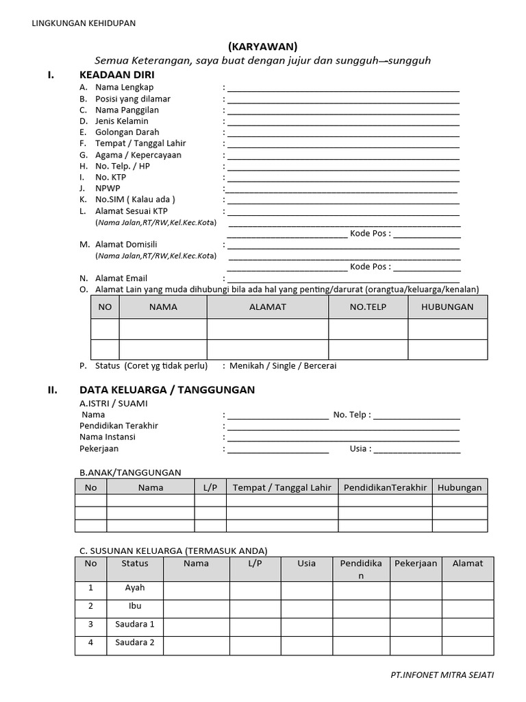 Form Aplikasi Calon Karyawan PT. Infonet Mitra Sejati | PDF | Karier ...