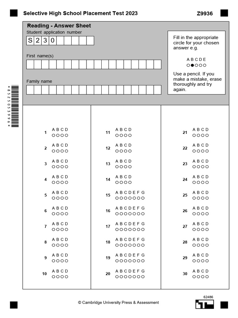 SHS 2023 Reading Practice Test Answer Sheet | PDF