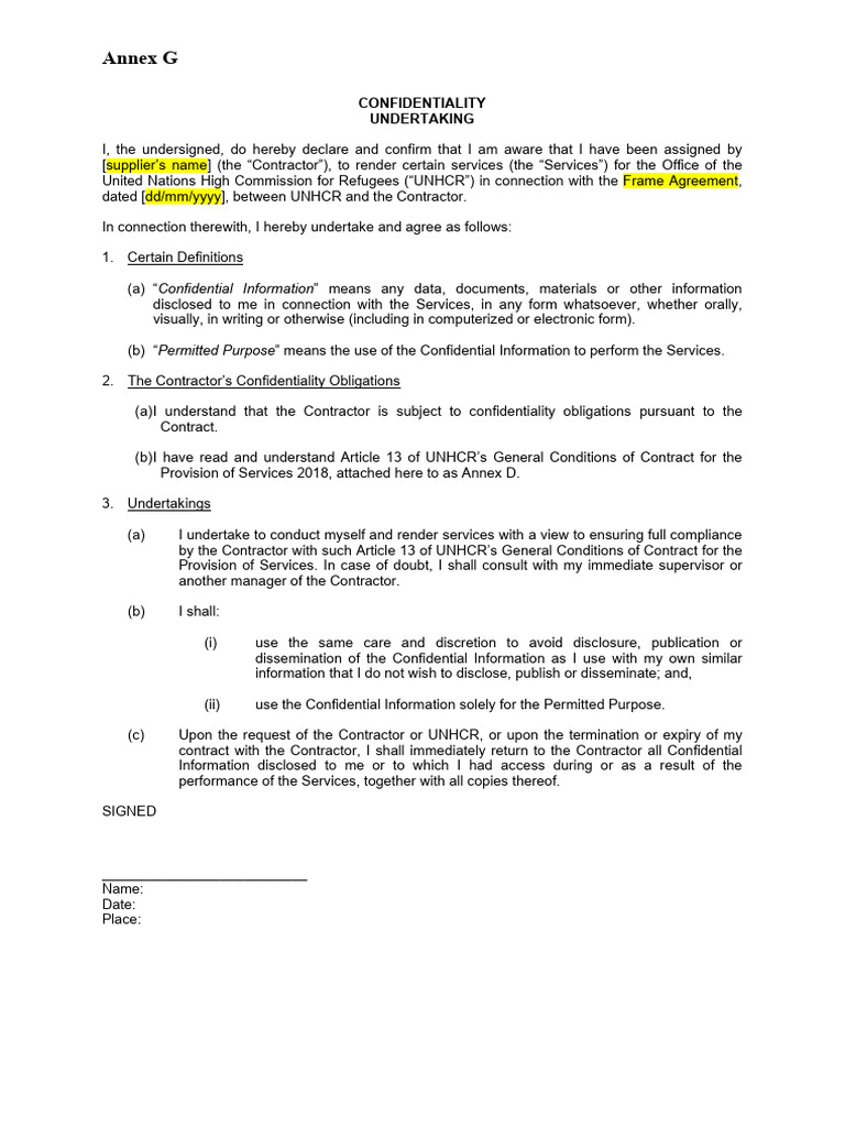 Annex H - Confidentiality Undertaking Form | PDF | Confidentiality | Non Disclosure Agreement