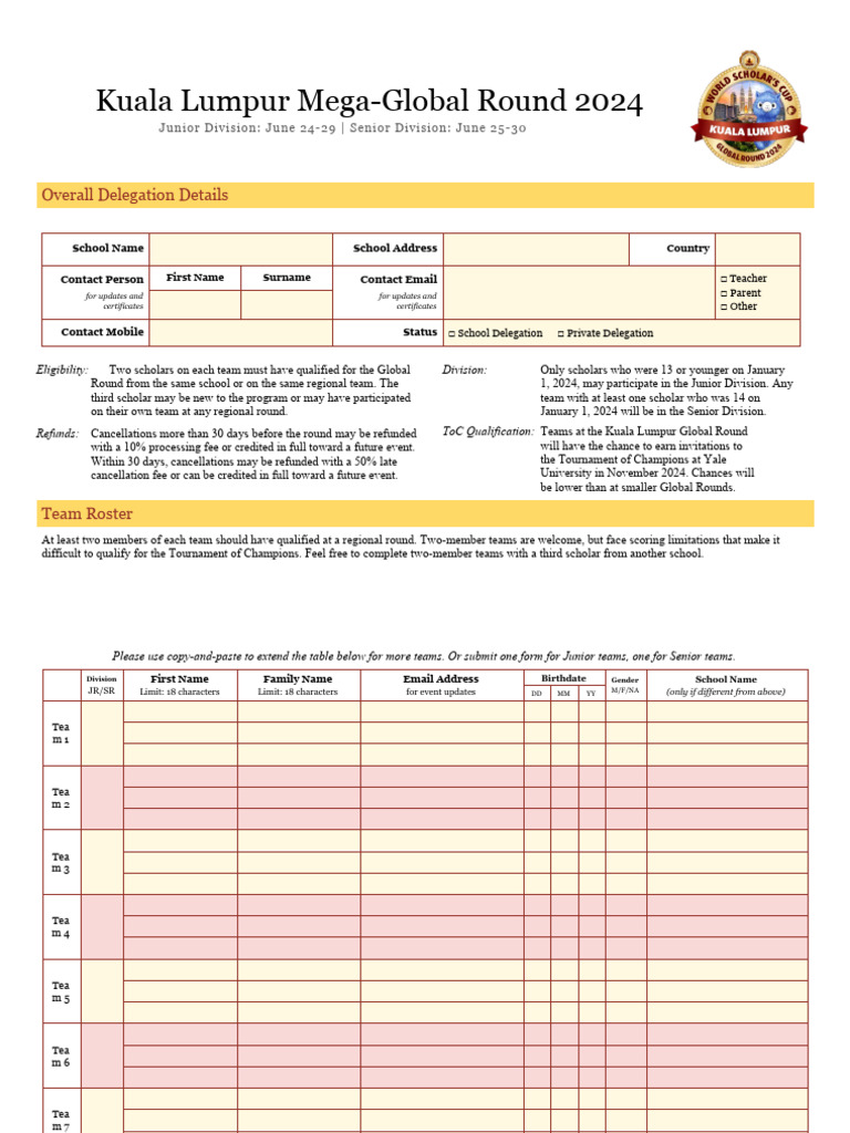 WSC Kuala Lumpur Global Round 2024 Registration Form | PDF | Credit Card