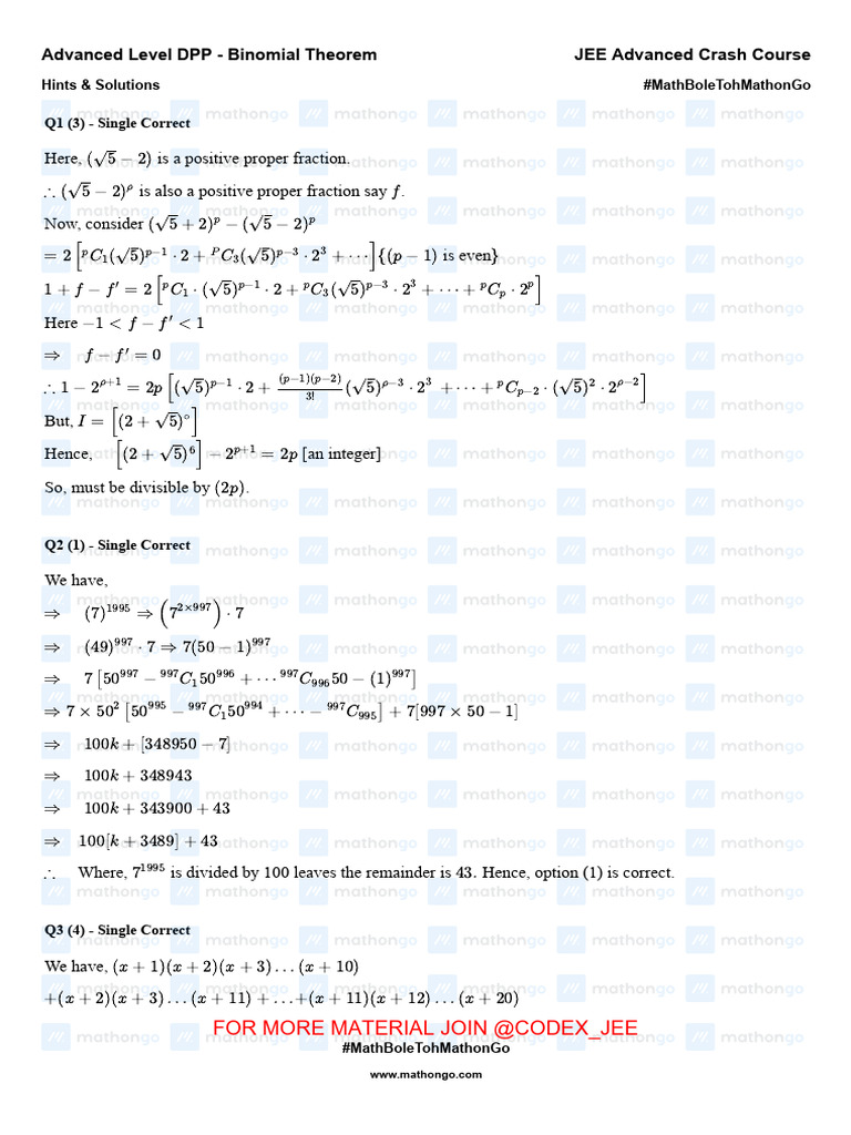 Binomial Theorm Solutions Advance DPP | PDF | Mathematics