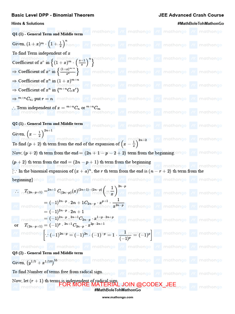 Binomial Theorm Basic Level Answers | PDF | Number Theory | Mathematical Logic