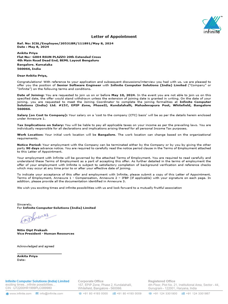 Letter of Appointment: Corporate Office Registered Office | PDF ...