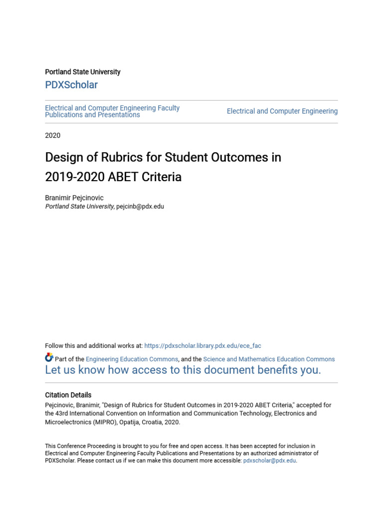 Design of Rubrics for Student Outcomes in 2019-2020 ABET Criteria ...