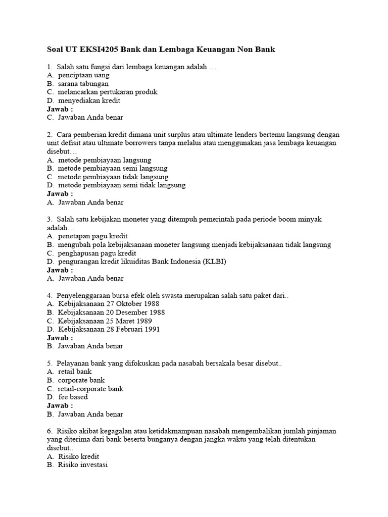 Soal UT EKSI4205 Bank Dan Lembaga Keuangan Non Bank | PDF