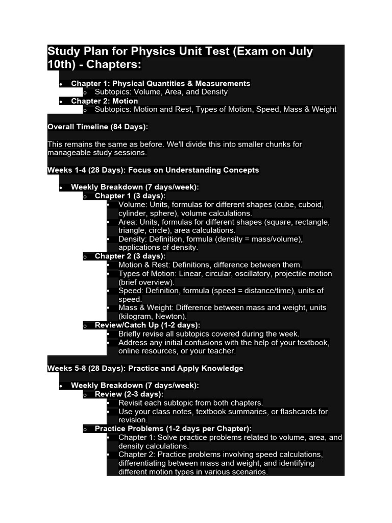Study Plan For Physics Unit Test | PDF | Volume | Area