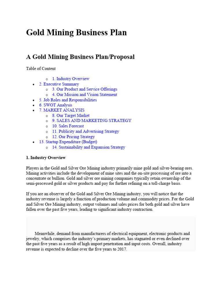 Gold Mining Business Plan | PDF | Mining | Competitive Advantage