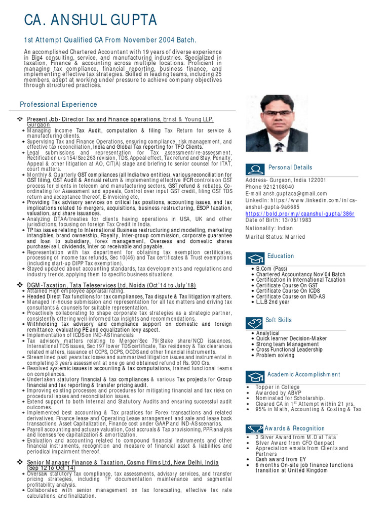FIN - Resume - Anshul Gupta - CA - 1st Attempt - 2004.. | PDF | Taxes ...