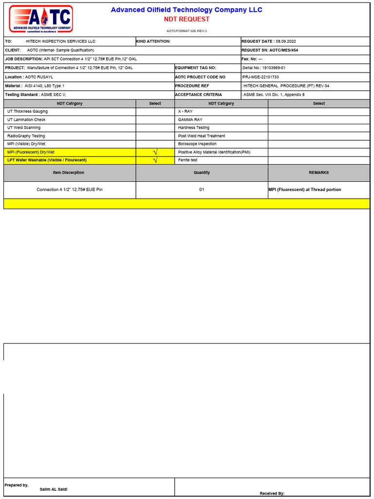 Ndt Request; Mes-454 (Mpi) | PDF | Nondestructive Testing | Secondary ...