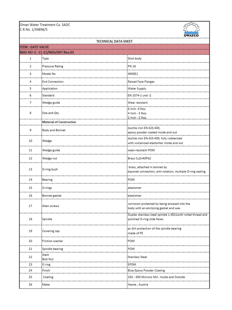 Gate Valve Data Sheet | PDF