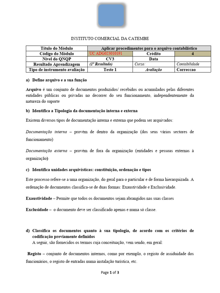 teste 1 APAC - Correccao | PDF | Contabilidade