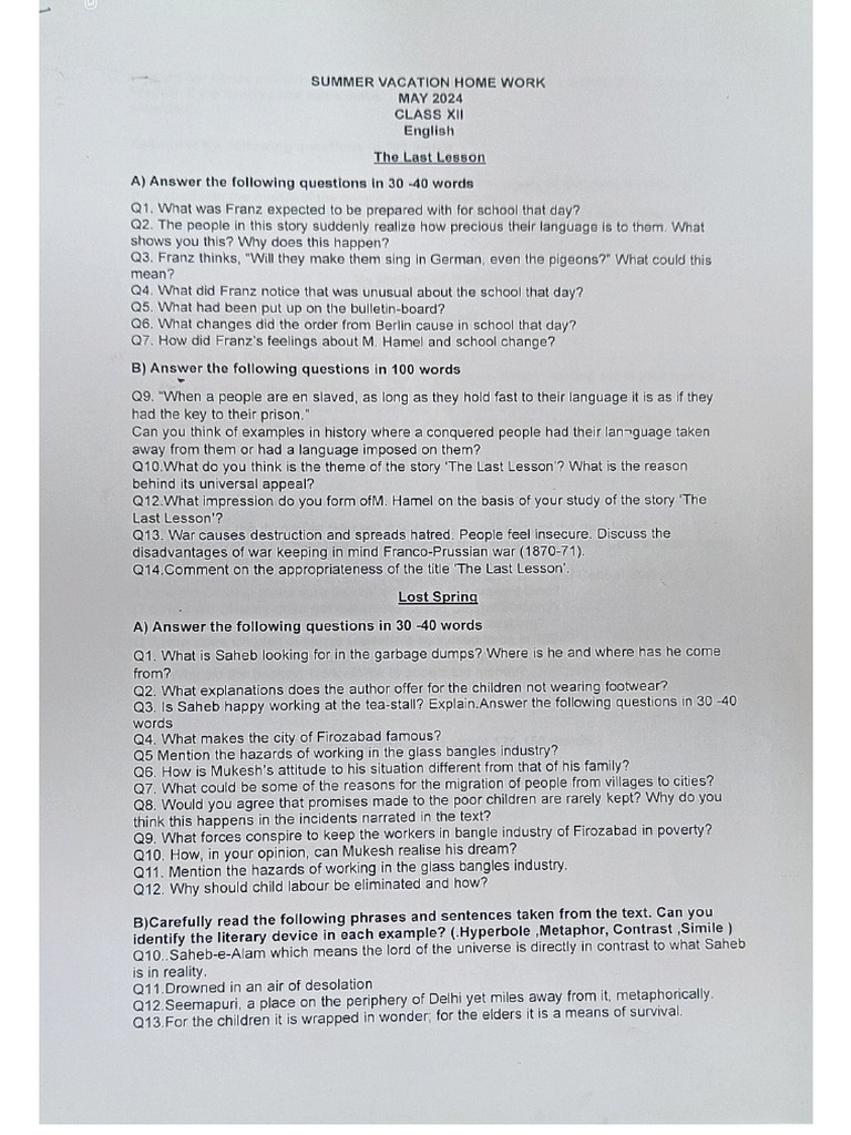 English Summer Vacation Homework Pdf