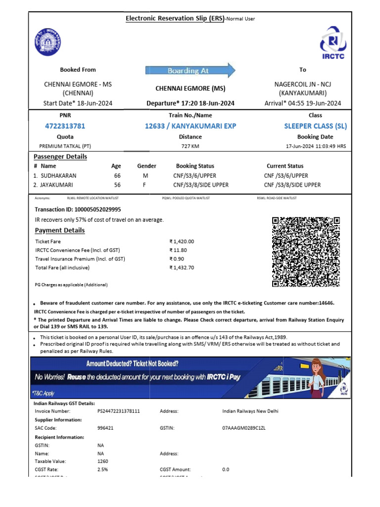 Kanyakumari Exp Sleeper Class (SL) : Electronic Electronic Reservation ...