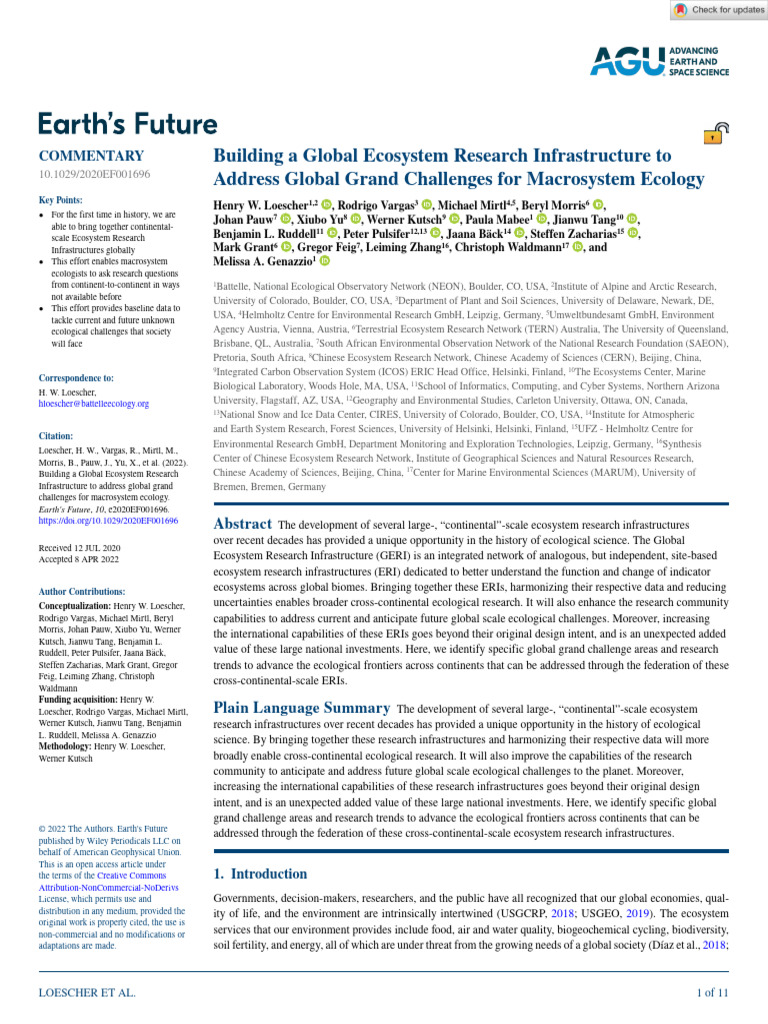 Earth S Future - 2022 - Loescher - Building A Global Ecosystem Research ...