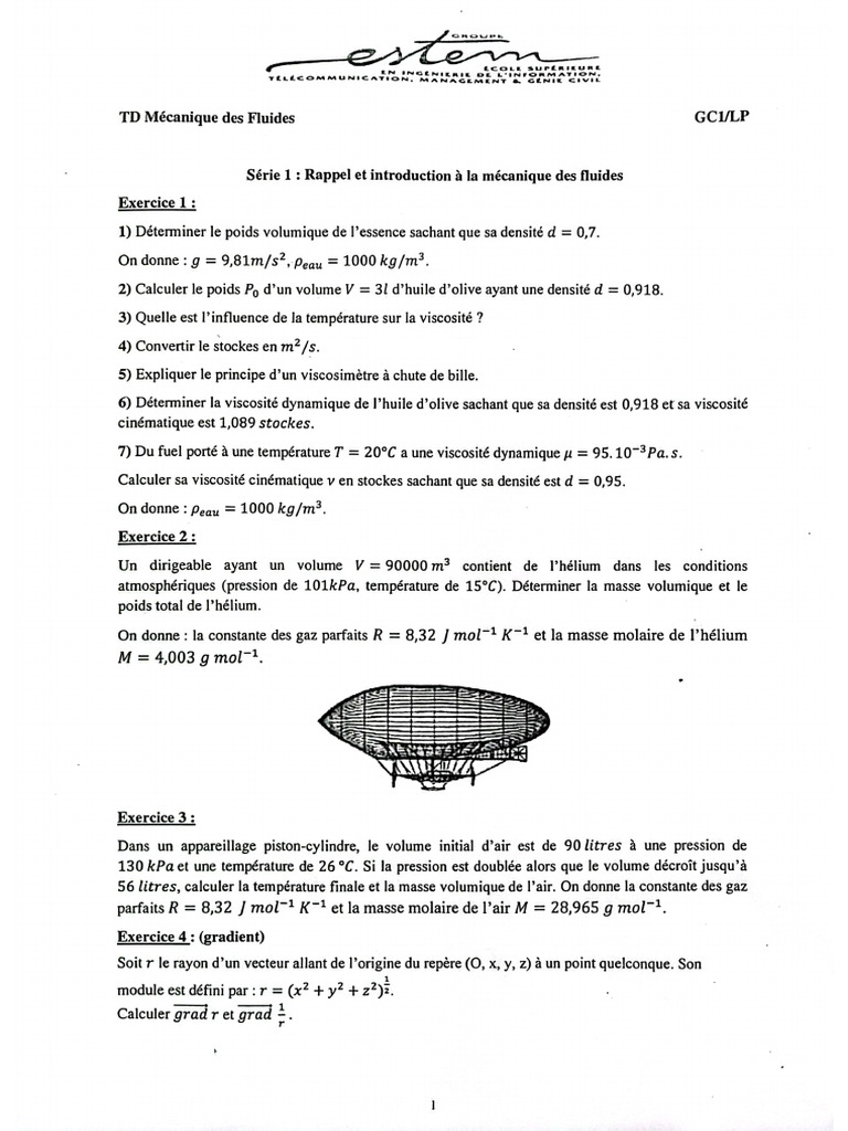 TD 1 Chap 1 Mecanique Des Fluides | PDF