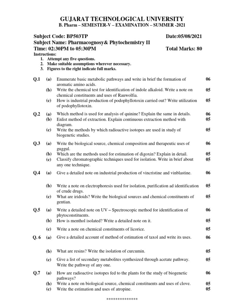 Bp503tp Bpharm Summer 2021 | PDF | Biochemistry | Chemistry