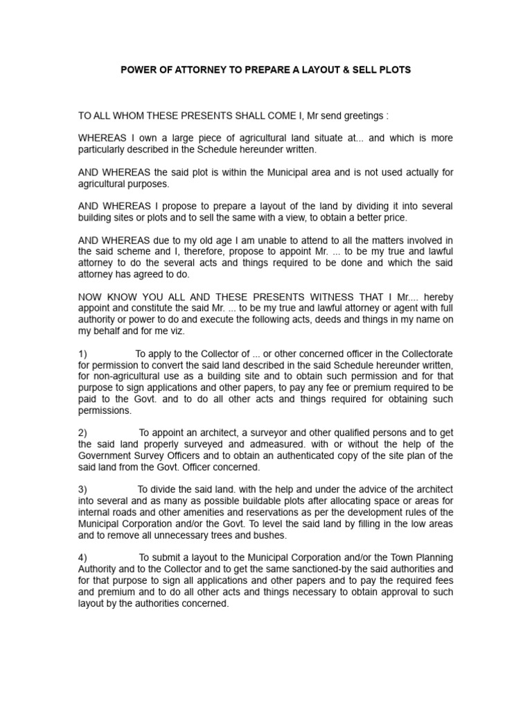 POWER OF ATTORNEY TO PREPARE A LAYOUT _ SELL PLOTS | PDF | Deed | Lawyer