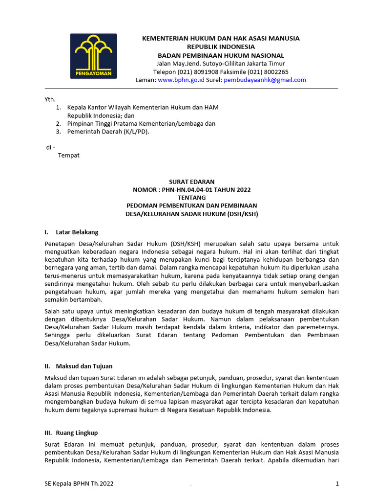 SE Kepala BPHN 2022 TTG Pedoman Pembentukan Dan Pembinaan DSH-KSH | PDF