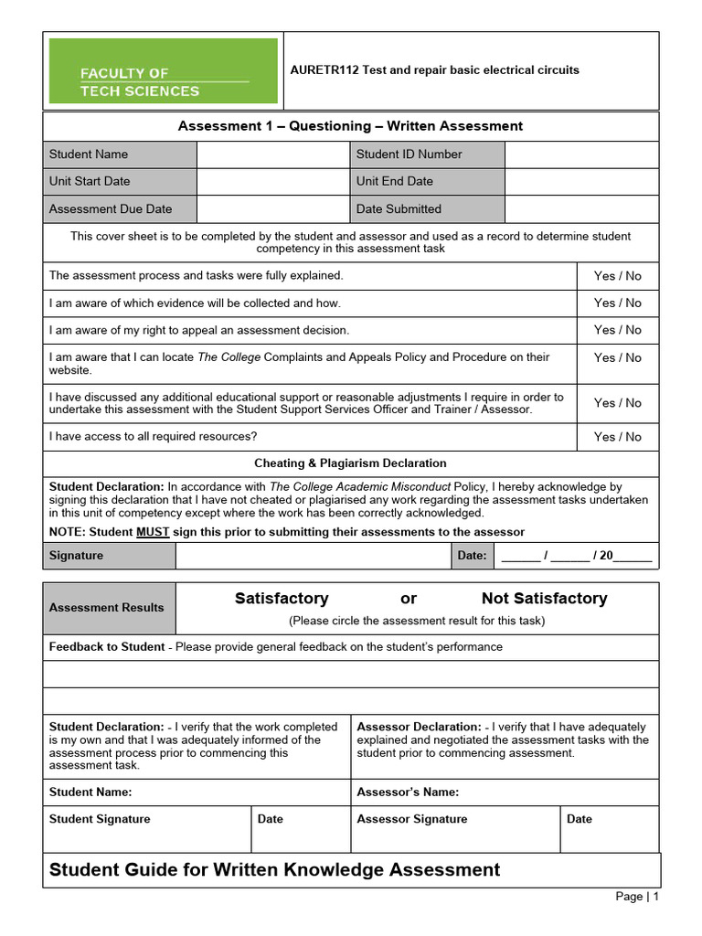 FTS Assessment 1 Student Questioning Written Knowledge Assessment AURETR112 V1 | PDF ...