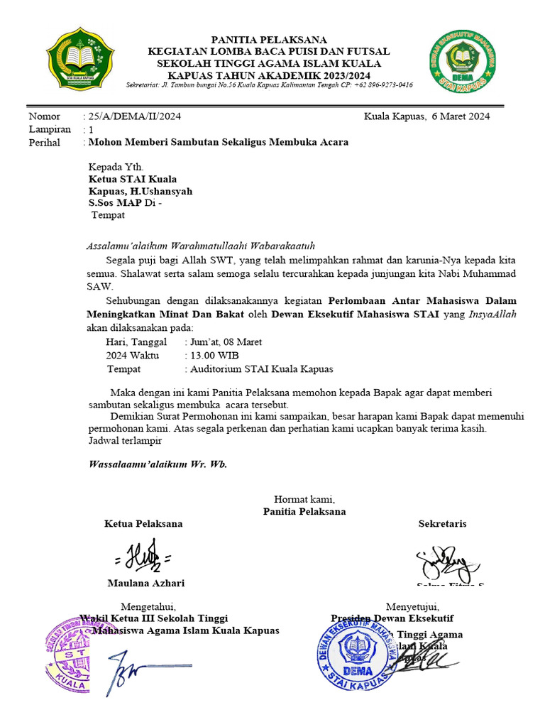 Surat Permohonan Sambutan Acara Lomba | PDF