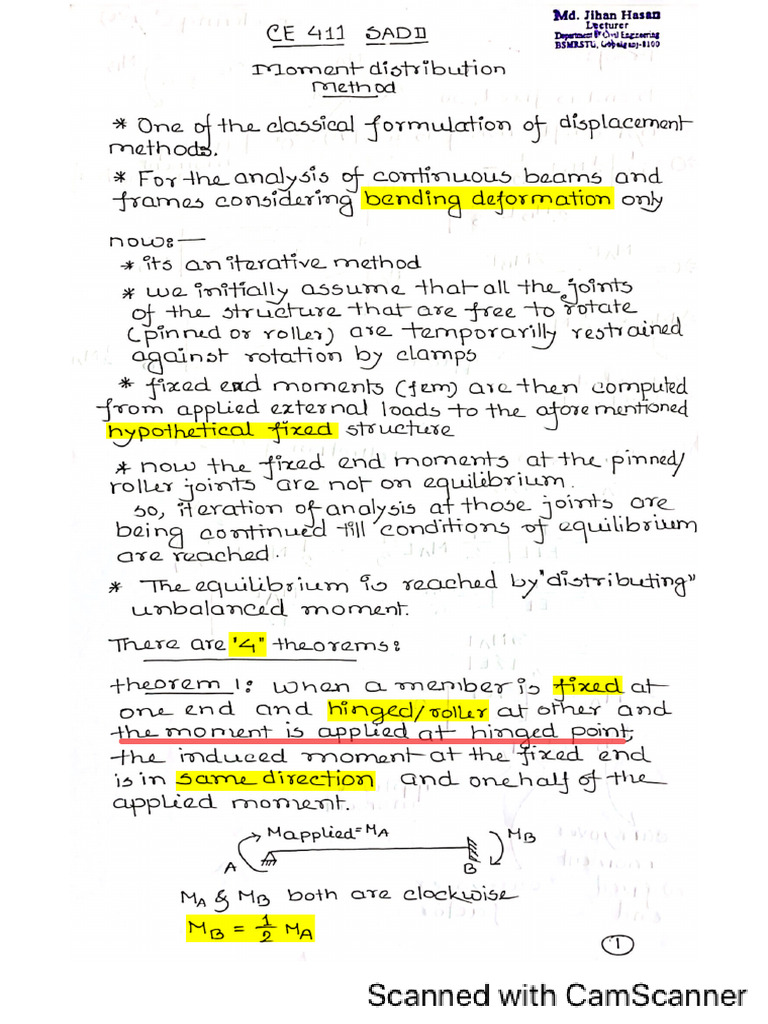 CE411-Moment Distribution Method-Lecture 1 | PDF