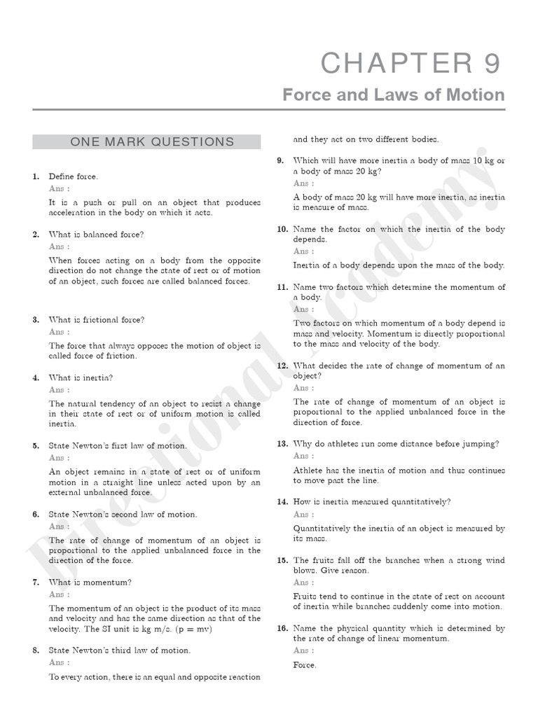 CBSE Chapter 9 Force and Laws of Motion Most IMP Questions | PDF ...
