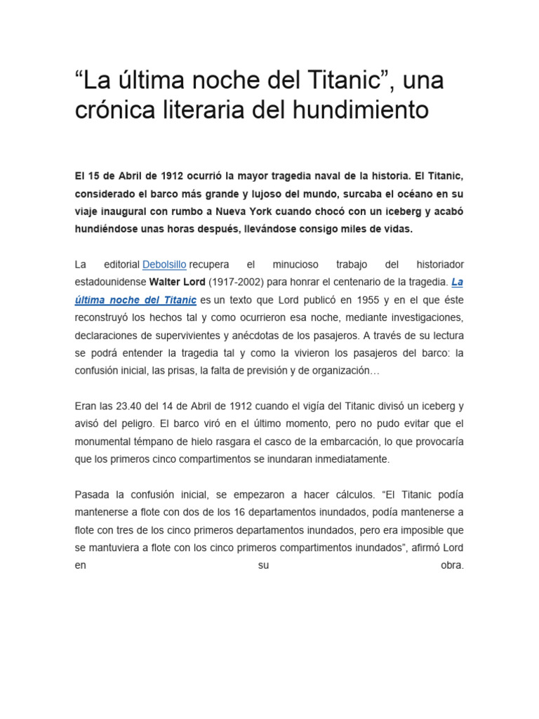 La última noche del Titanic: crónica histórica | PDF | Naufragios ...